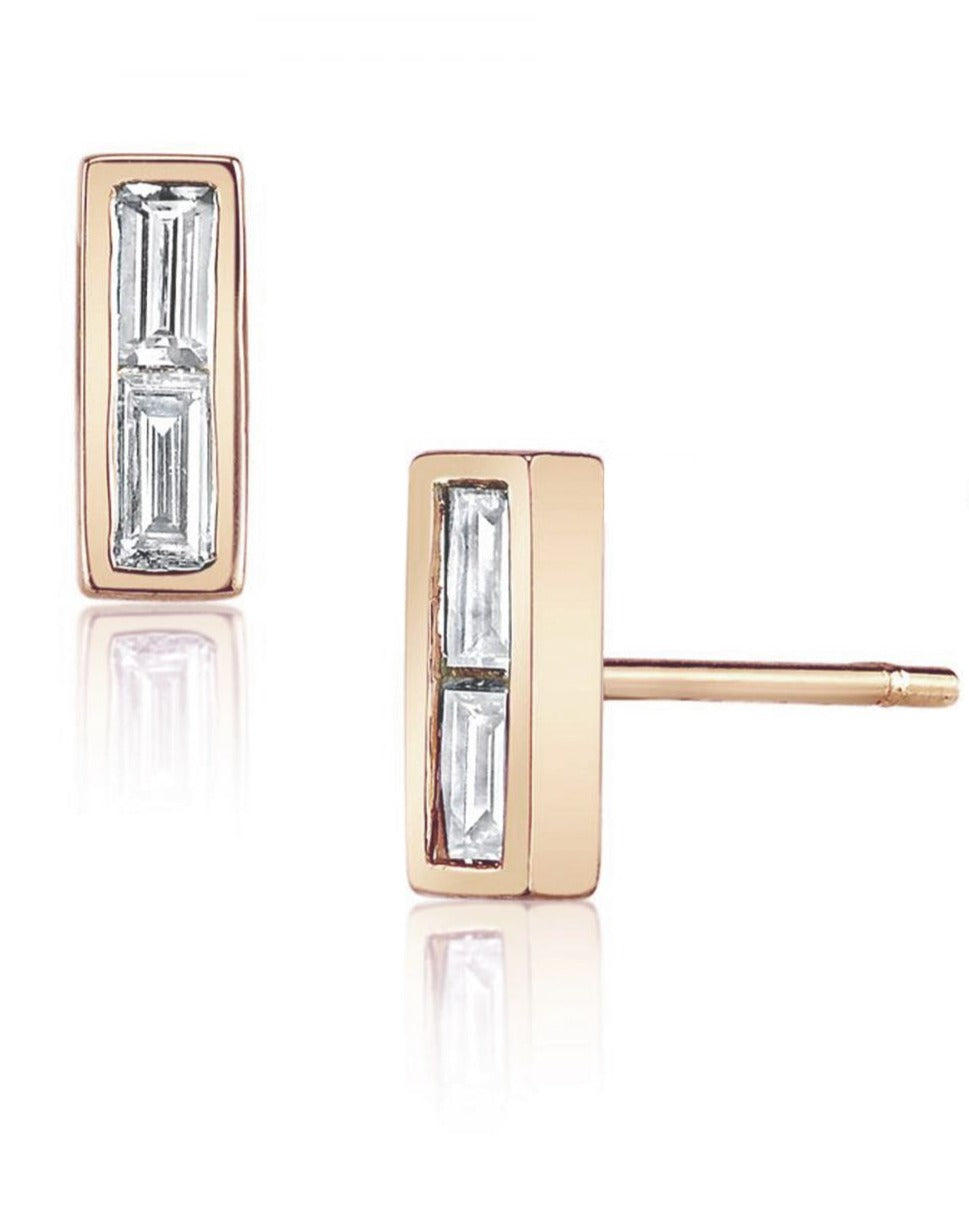 Double Diamond Baguette Stud 14K Rose Gold with White Diamonds– Eddera